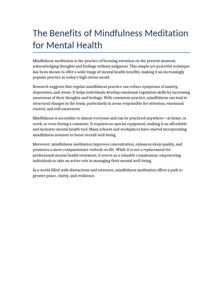 The Benefits of Mindfulness Meditation For Mental Health | PDF