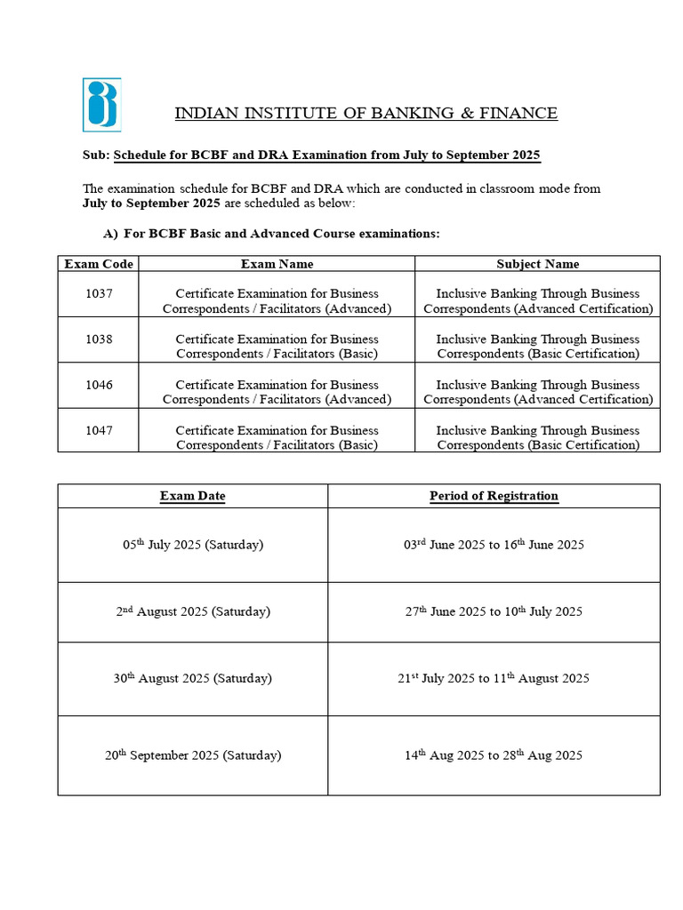 BCBF and DRA Exam Revised Schedule - July To September 2025 | PDF