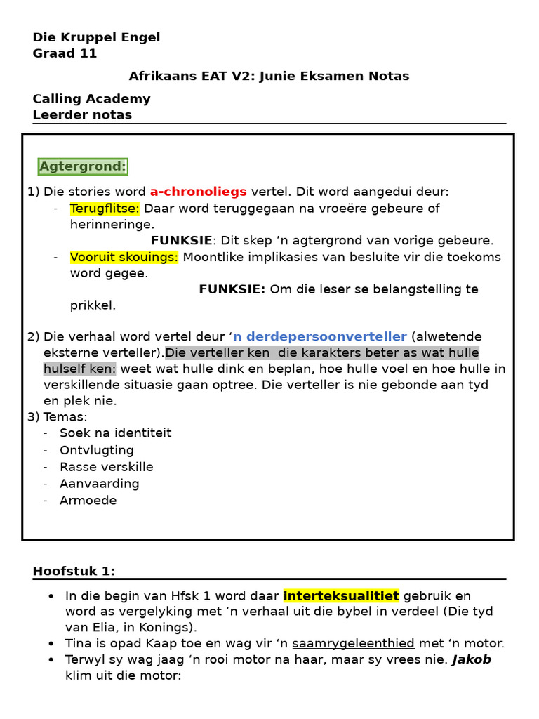 Die Kruppel Engel Afrikaans Gr11 EAT V2 - Junie Eksamen Notas | PDF