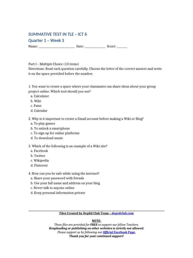 TLE ICT 6 Summative Test Guide | PDF | Blog | Wiki