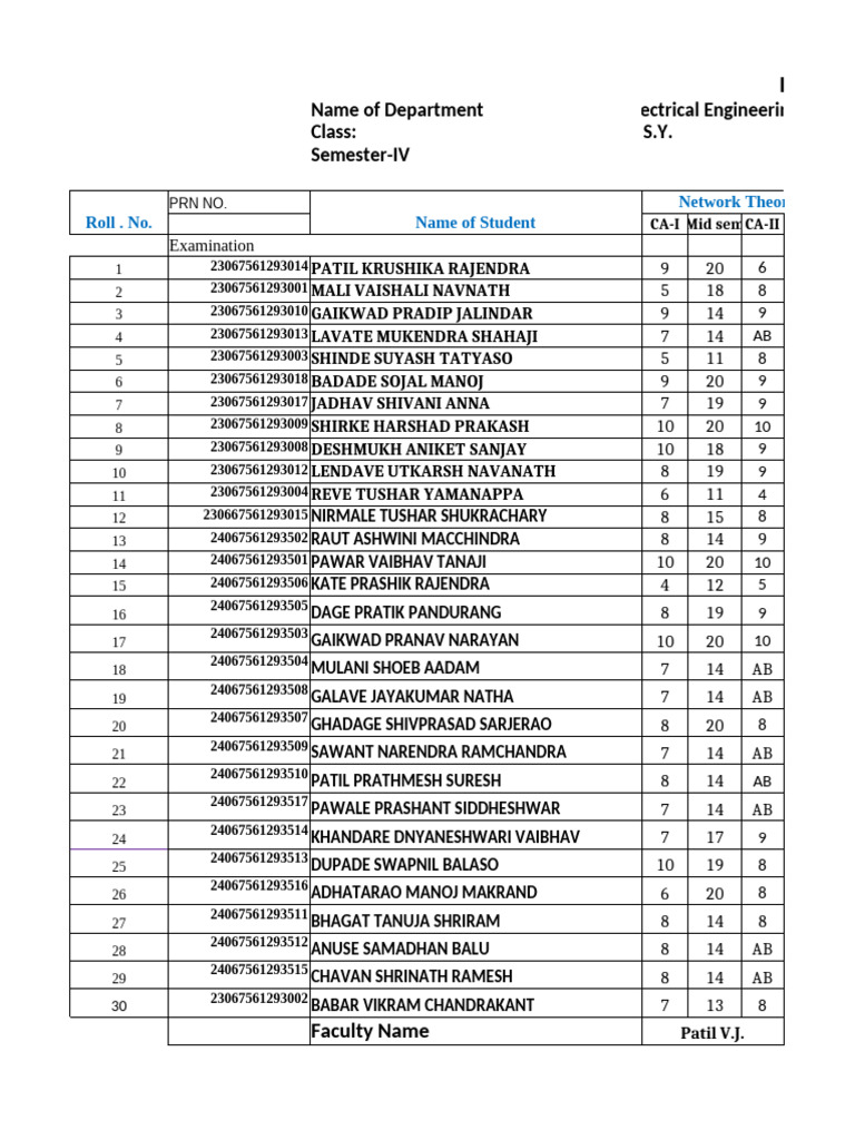 Electrical Engineering A. Y. 2024-25 Sem 2 Internal Marks | PDF | Electrical Engineering ...