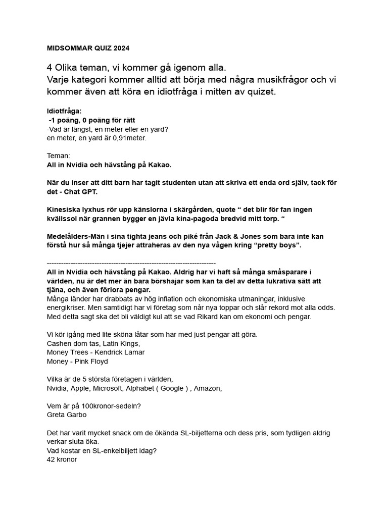 Midsommar Quiz 2024 | PDF