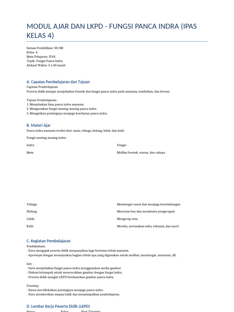 Modul Ajar LKPD Panca Indra Kelas4 Final | PDF