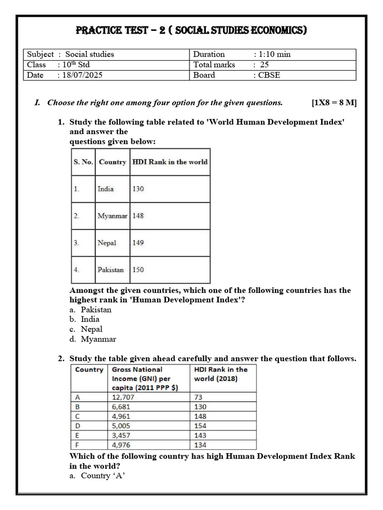 Social Studies Economics Practice Test | PDF | Human Development Index ...