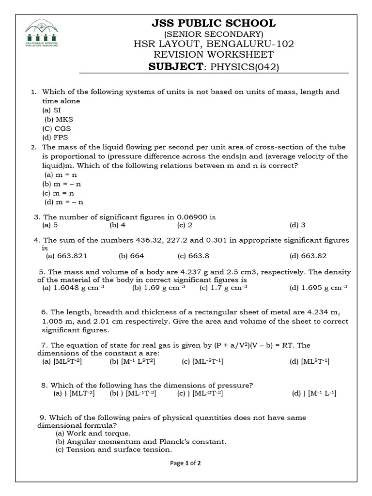 Revision Work Sheet | PDF | Physics | Quantity