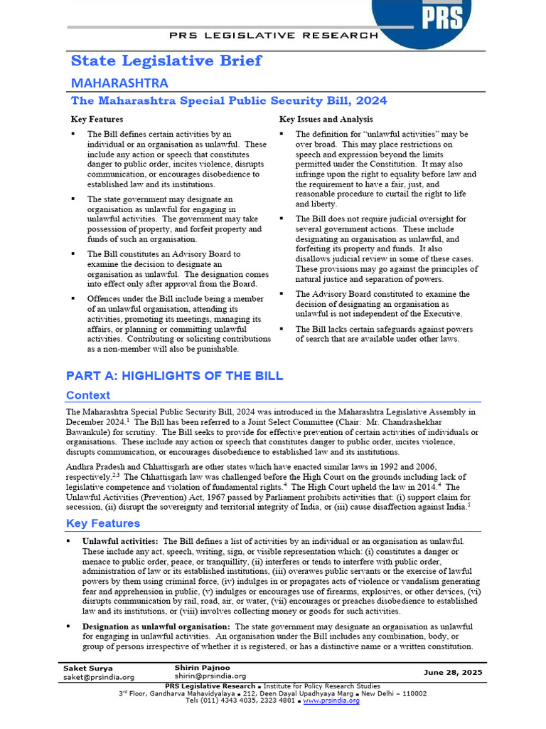 Brief MH Special Public Security Bill 2024 | PDF | Public Law | Government