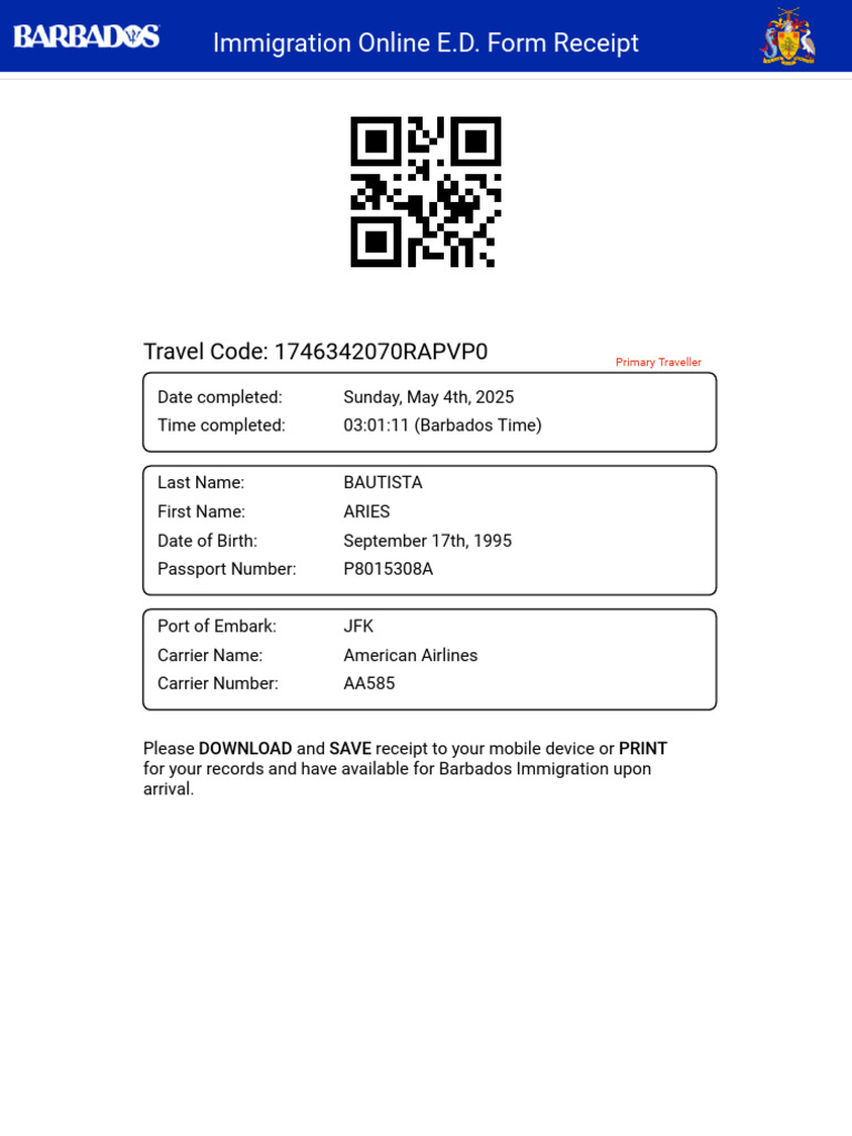 Barbados Immigration Receipt | PDF