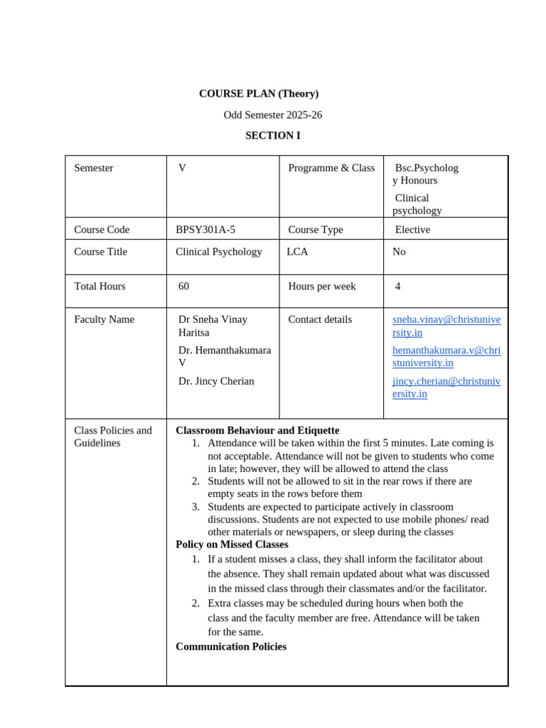 Clinical Psychology Course Plan 2025-26 | PDF | Psychology | Mental Health