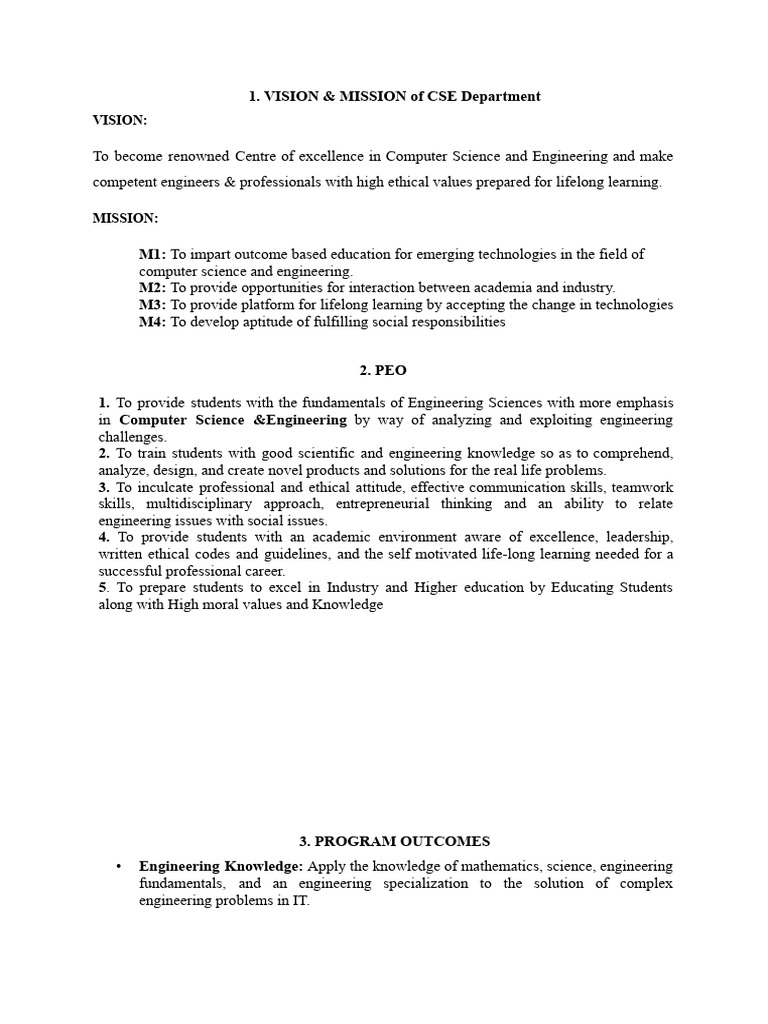 CSE Department Vision, Mission & Outcomes | PDF | Engineering | Knowledge
