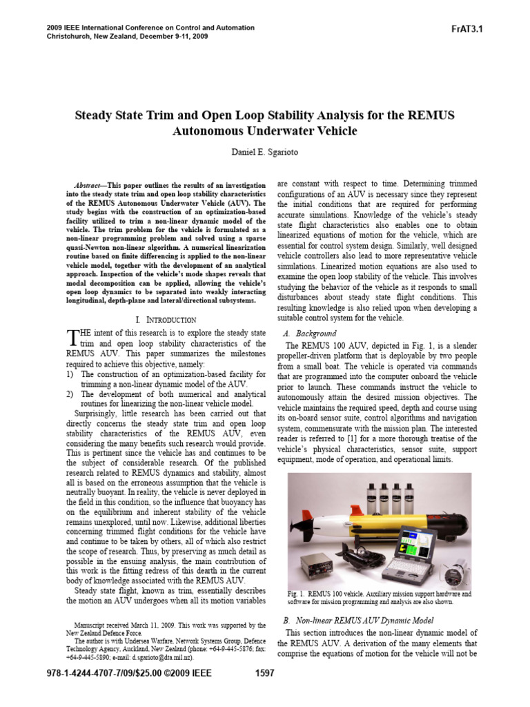 Steady State Trim and Open Loop Stability Analysis For The REMUS ...