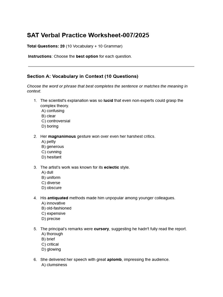 SAT Verbal Practice: Vocabulary & Grammar | PDF | Verb | Linguistic ...