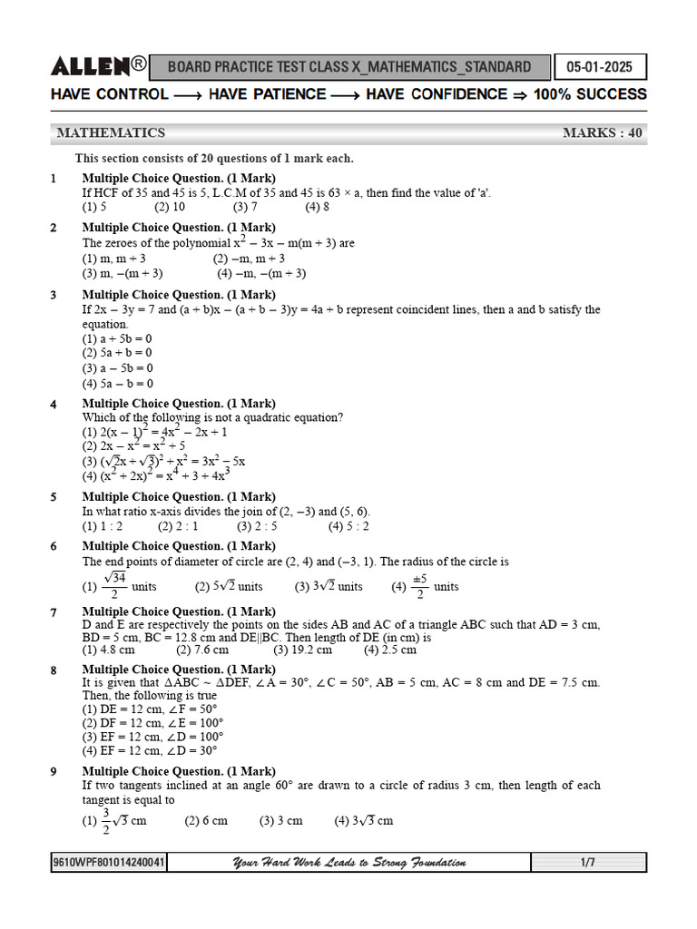 CLASS 10 Standard Mathematics Paper SRXQPG | PDF | Circle | Angle