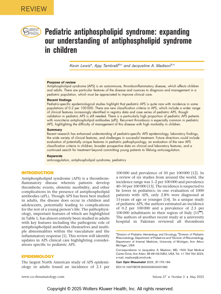 Pediatric Antiphospholipid Syndrome Insights | PDF | Platelet | Medical ...