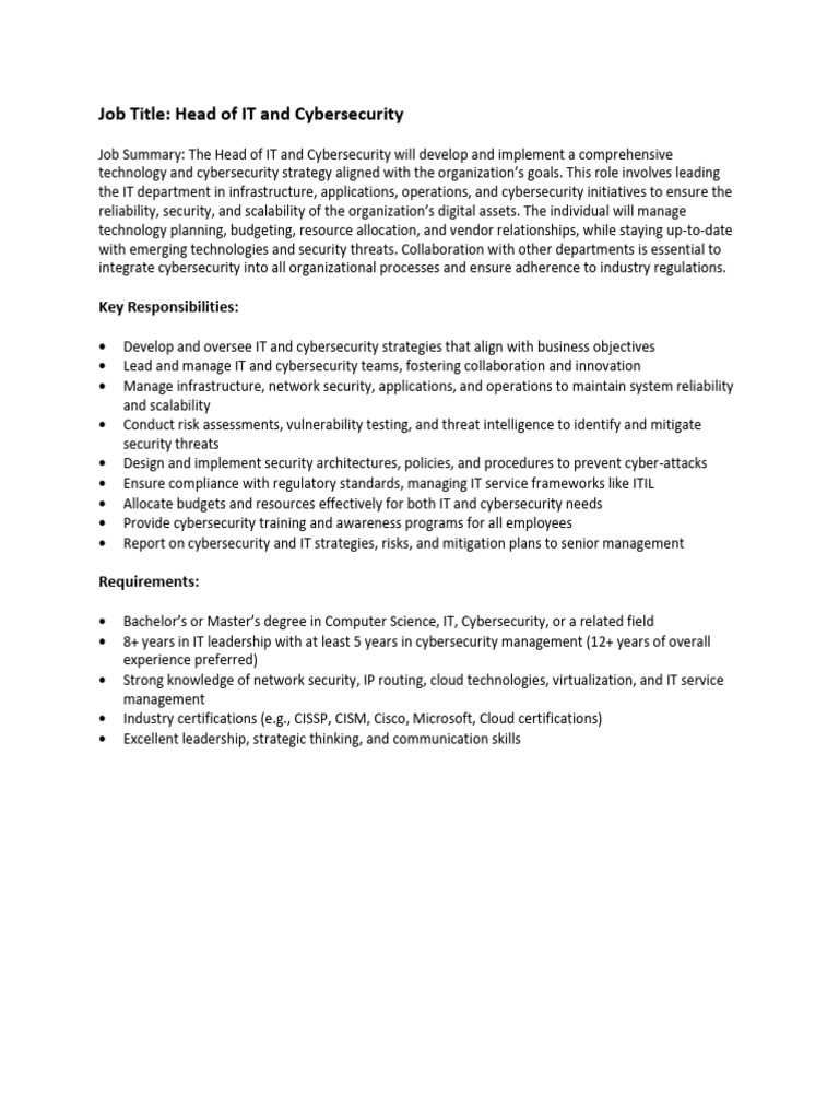 Head of IT & Cybersecurity Role Overview | PDF