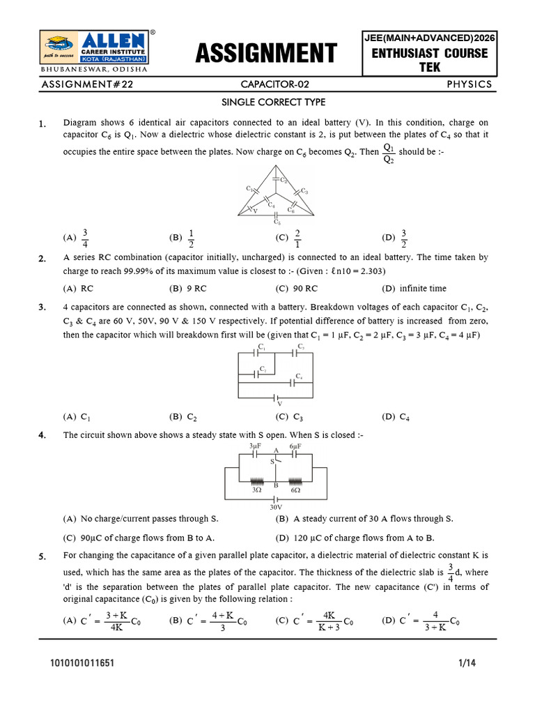 22 Assignment#22 Capacitor-2 SC | PDF | Capacitor | Capacitance