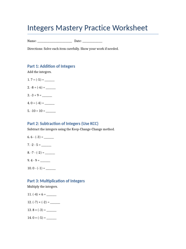 Integers Mastery Worksheet | PDF