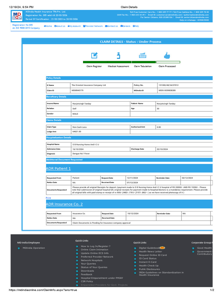 Insurance Claim Report for Dengue Treatment | PDF | Social Programs ...