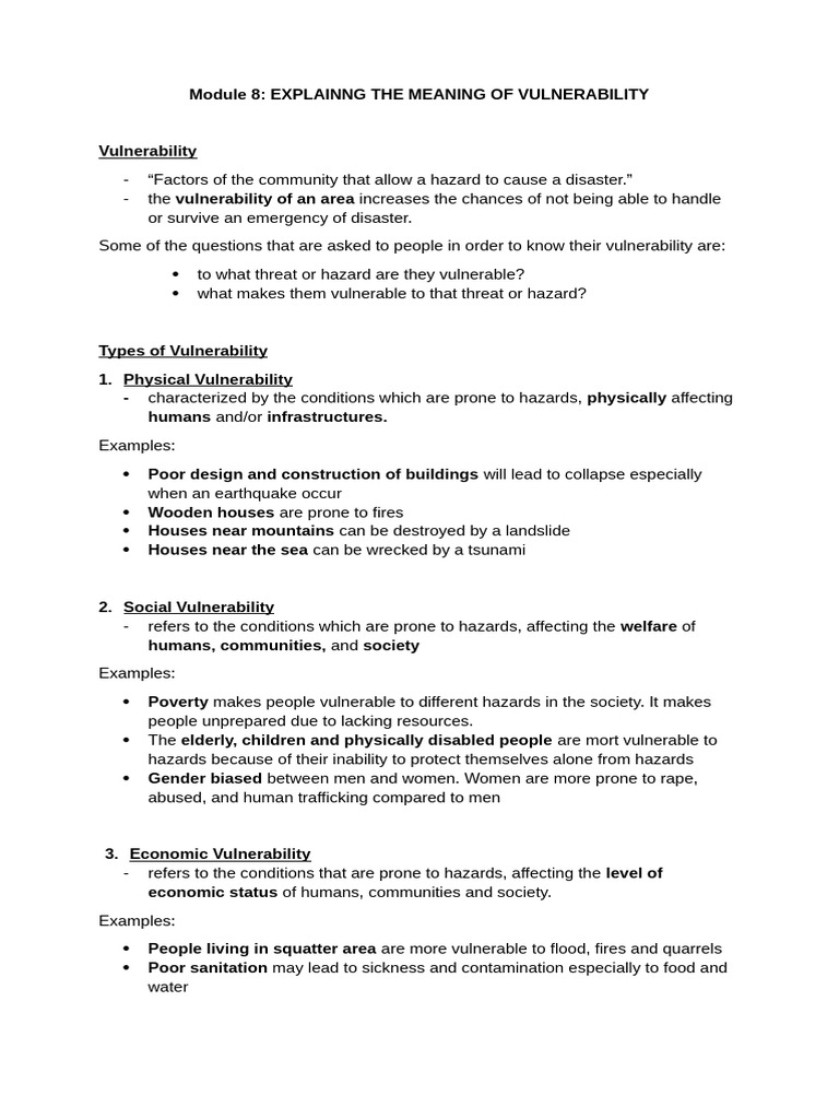 Module 8 Explaining The Meanig of Vulnerability | PDF | Hazards ...