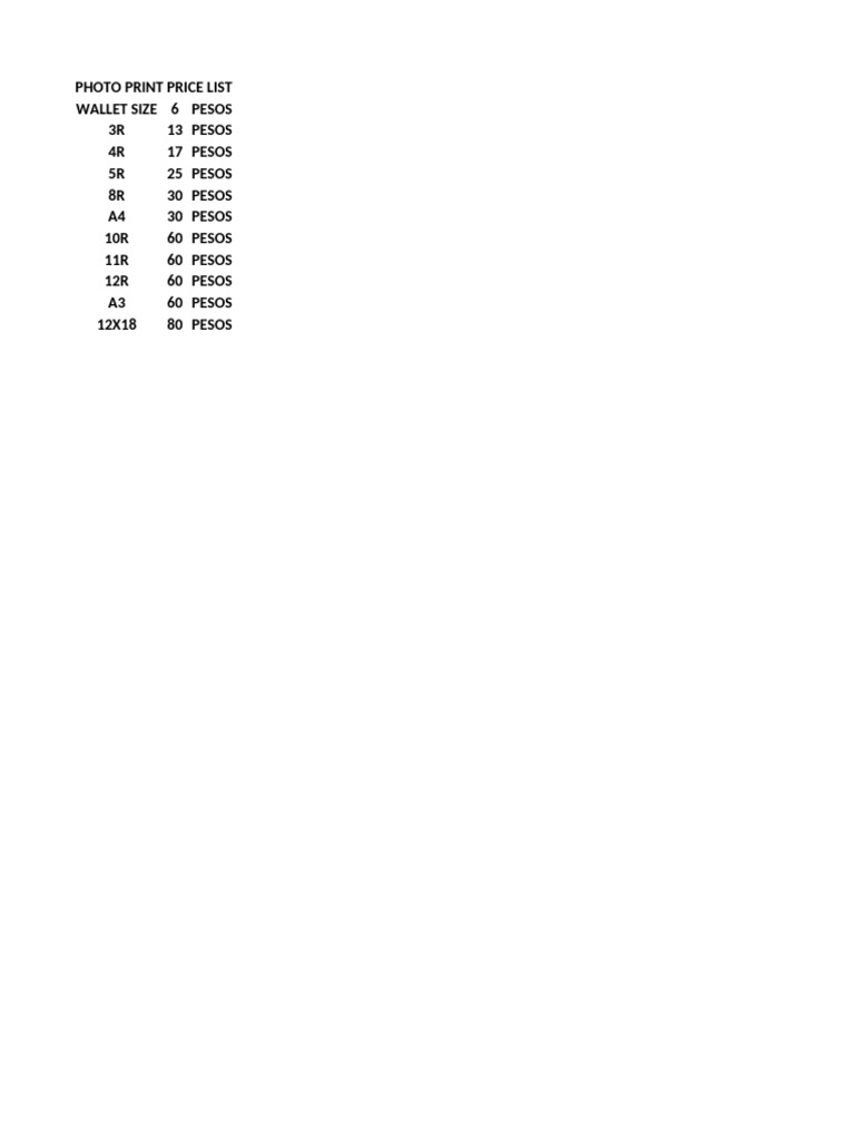 Photo Print Price List | PDF
