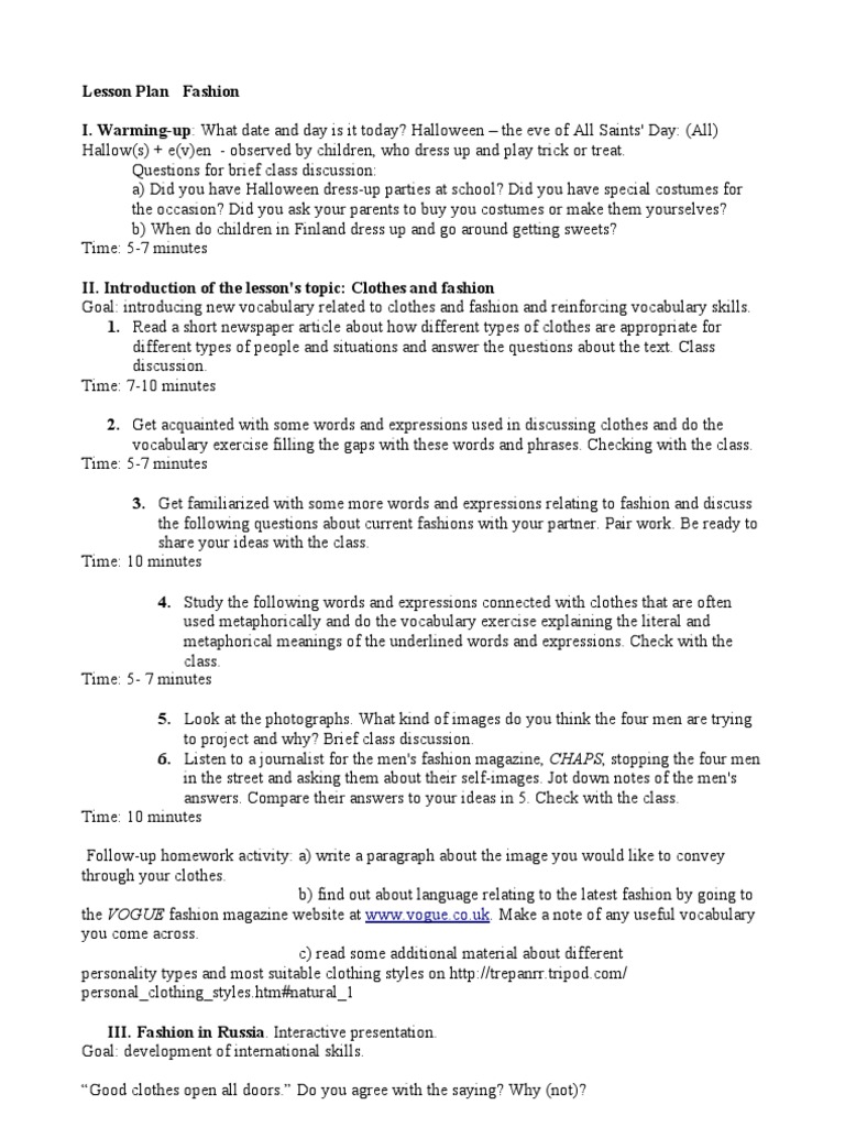 Lesson PLan Fashion | PDF | Halloween | Fashion