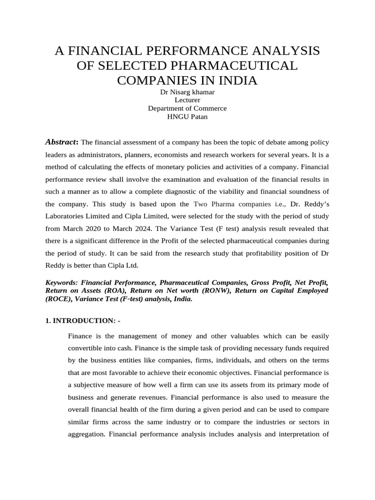 A Financial Performance Analysis of Selected Pharmaceutical Industry in ...