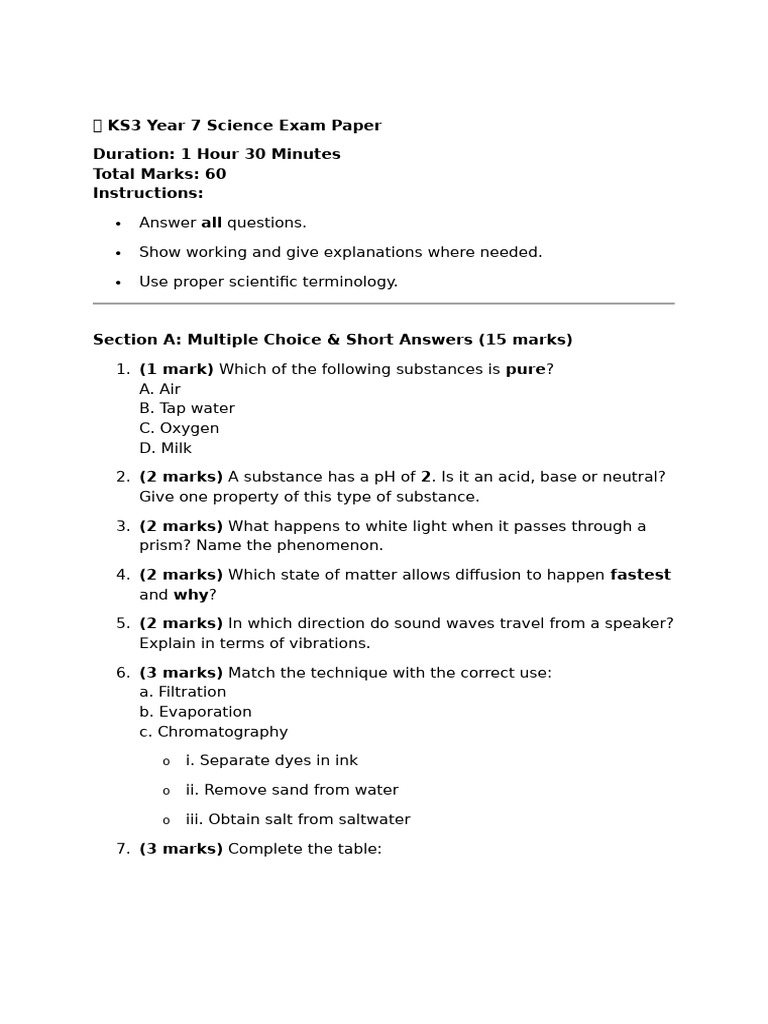 ? KS3 Year 7 Science Exam Paper | PDF | Water | Ph