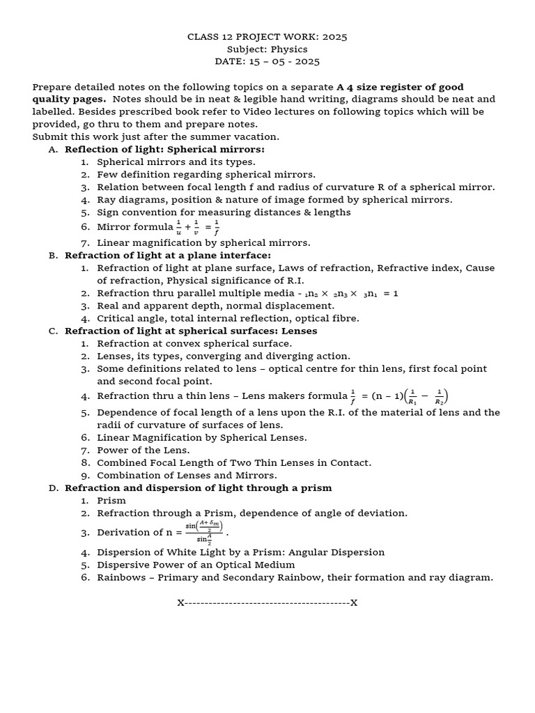 Class 12 Project Work 2025 | PDF | Refraction | Optics