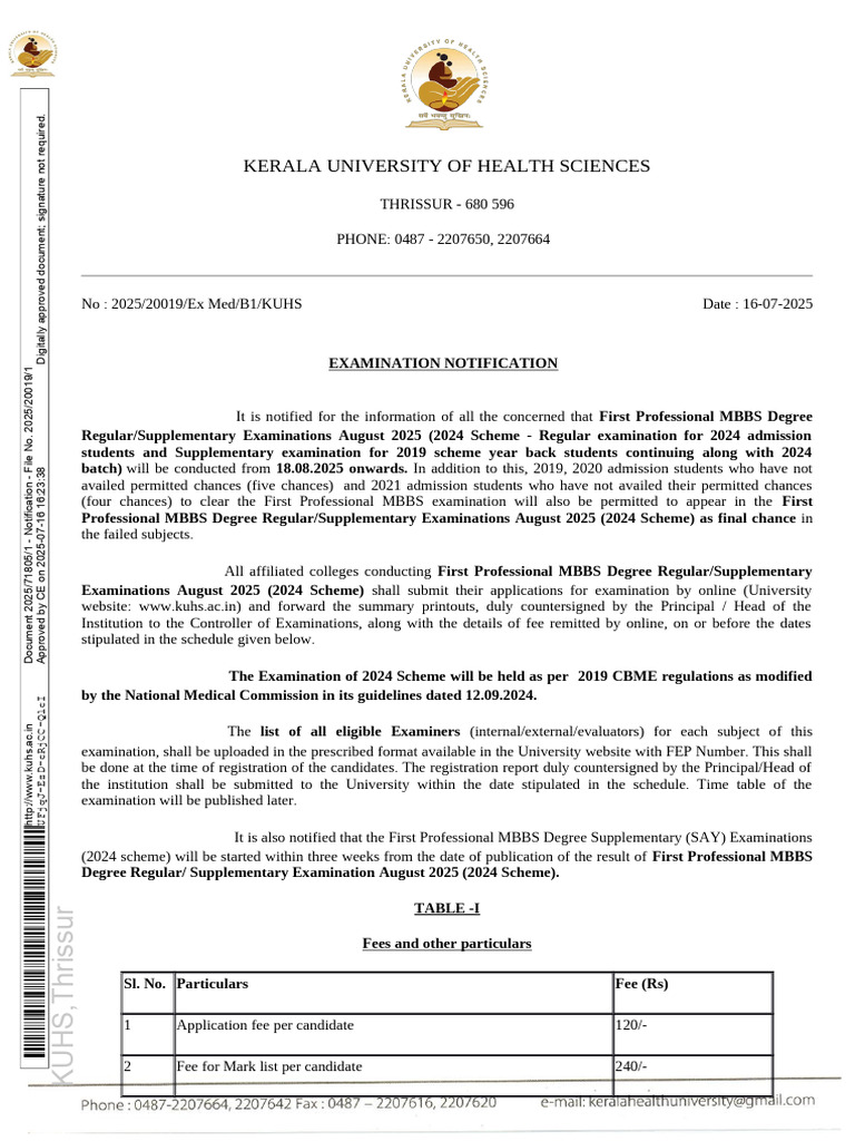 KUHS MBBS Exam Notification August 2025 | PDF