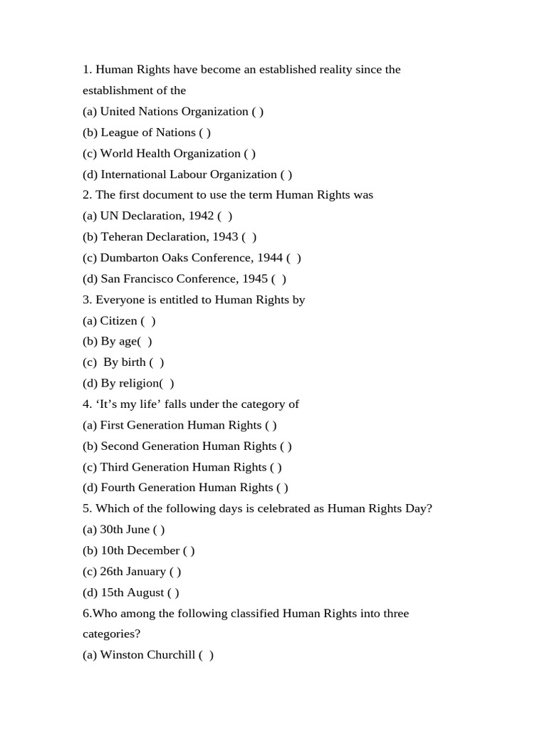 Human Rights Unit 1 N 2 MCQ | PDF | Human Rights | International Relations