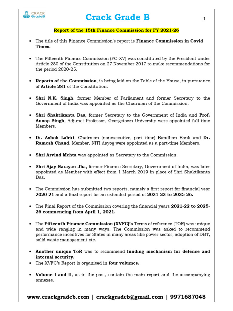 15th Finance Commission Report Overview | PDF | Government Budget ...