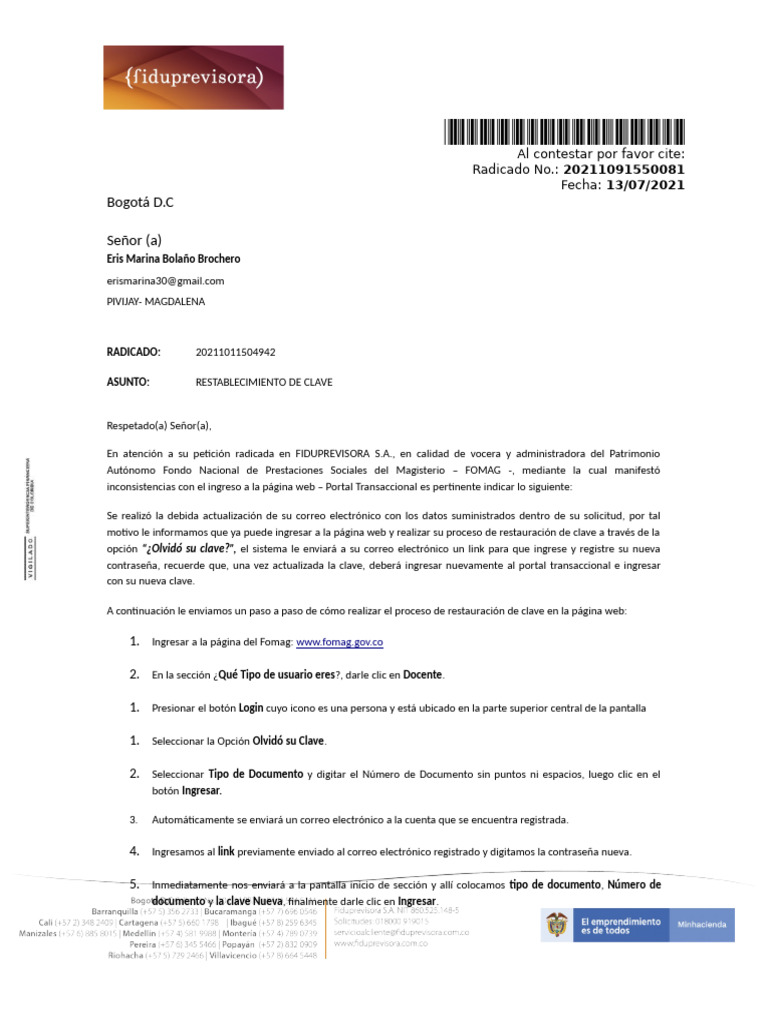 Bogotá D.C Señor (A) : Eris Marina Bolaño Brochero | PDF | Aplicación ...