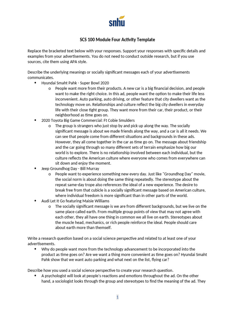 SCS 100 Module Four Activity Template | PDF | Stereotypes | Psychology