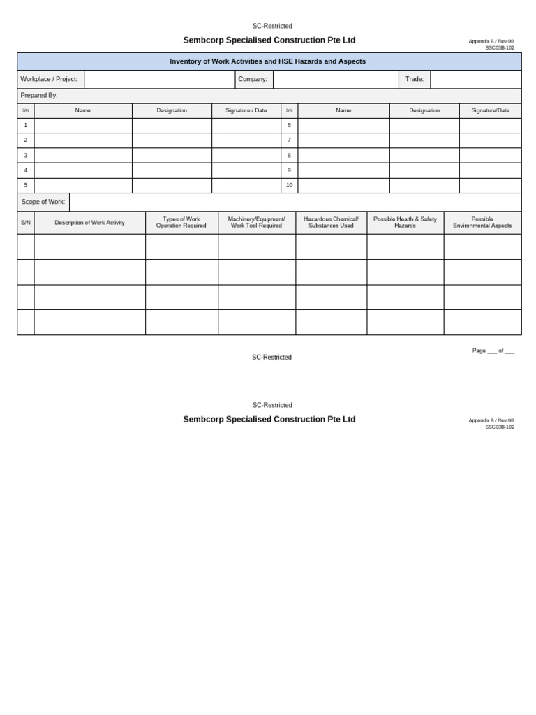 Work Activities and HSE Inventory Sample | PDF | Occupational Safety ...