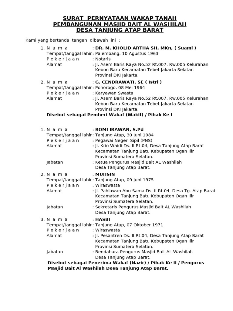 Surat Wakaf Tanah Masjid Bait Alwasilah Tab - 2025 | PDF