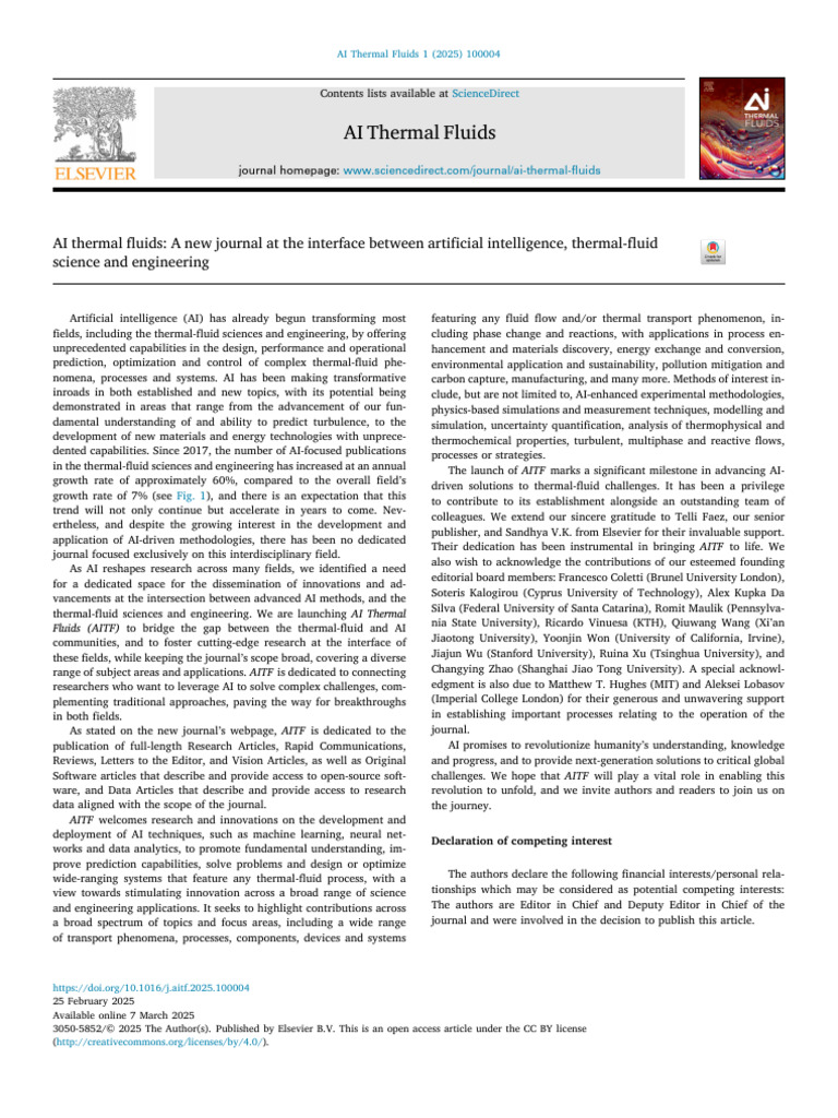 AI Thermal Fluids A New Journal at The Interface Between Artificial ...