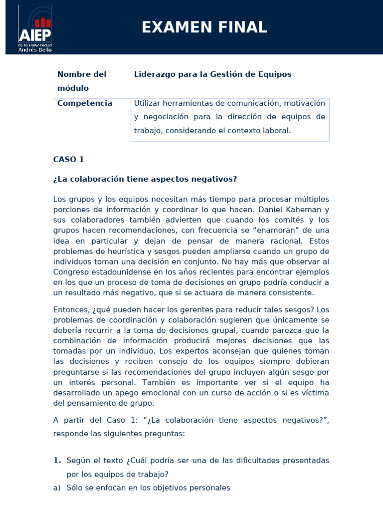 EXAMEN N°1 | PDF | Toma de decisiones | Liderazgo