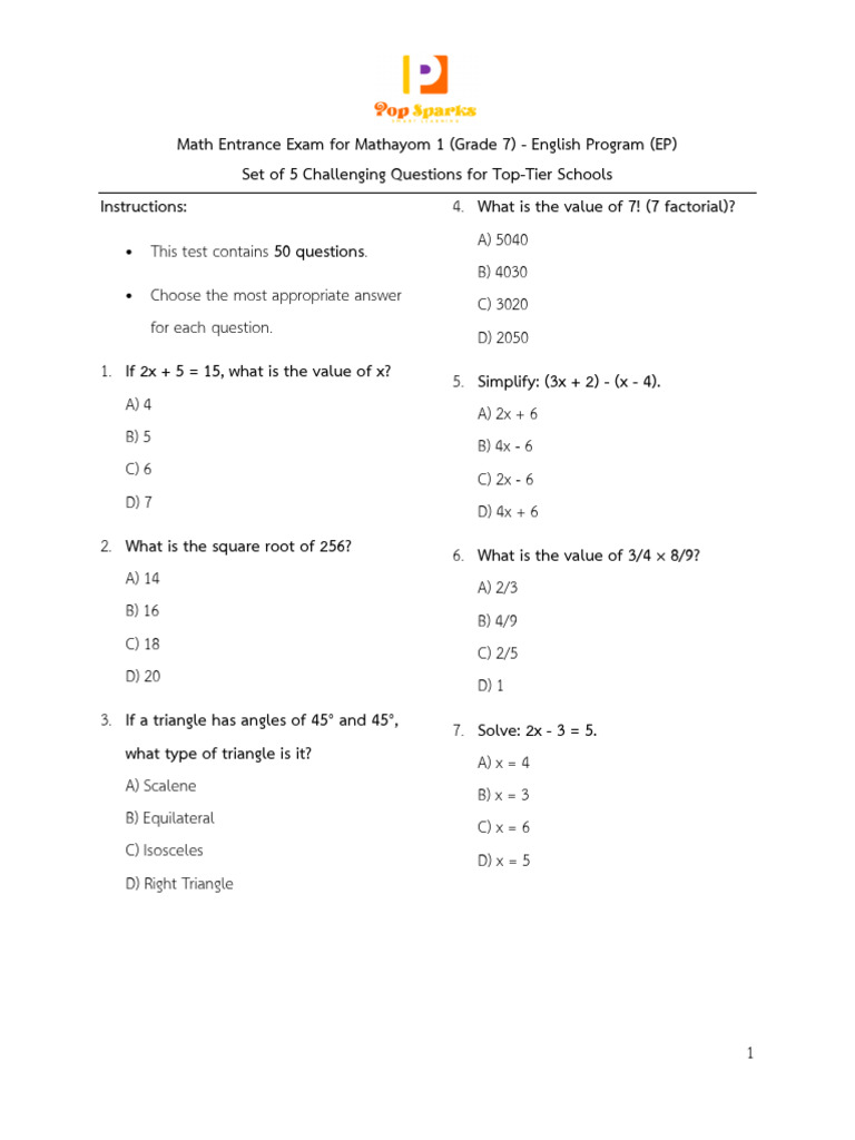 Grade 7 Math Entrance Exam Questions | PDF | Triangle | Area