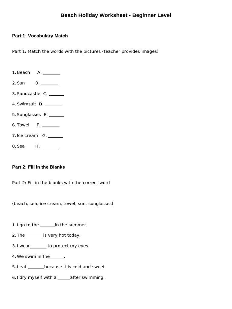 Beach Holiday Worksheet Beginner | PDF