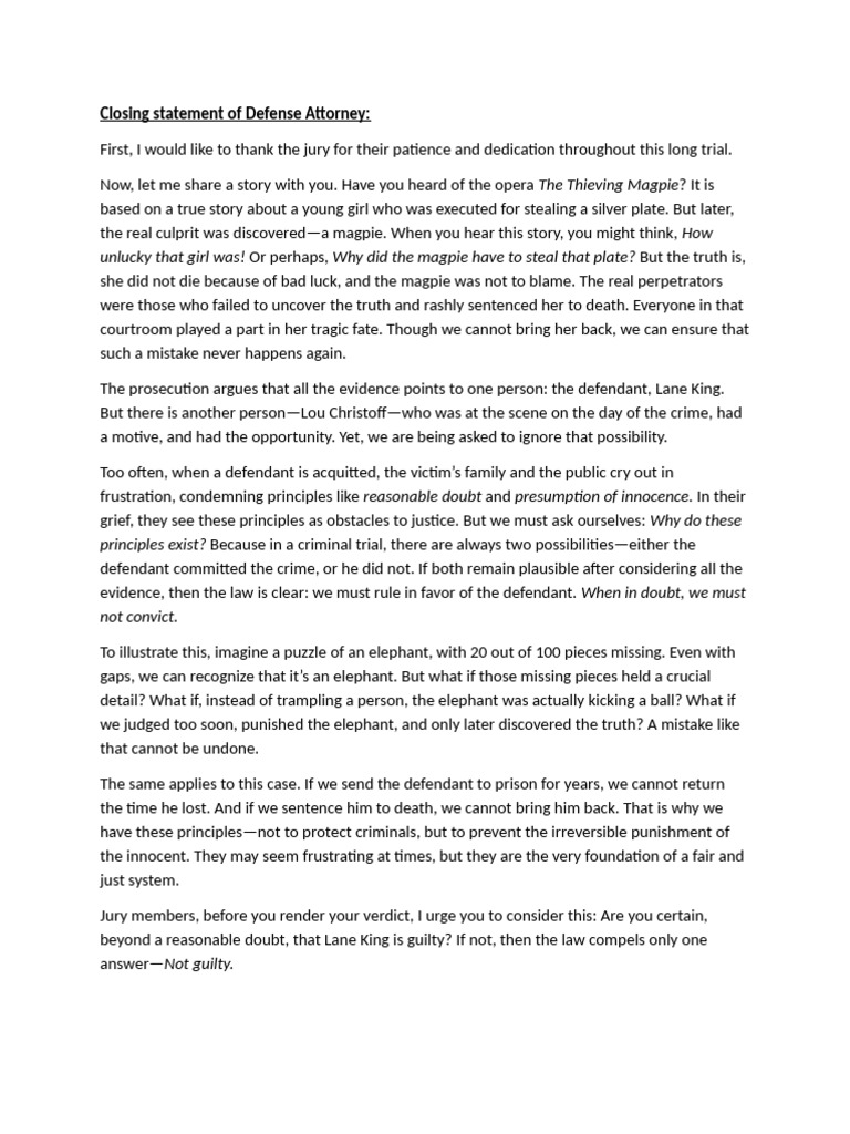 Closing Statement of Defense Attorney Anx Prosecutor | PDF | Acquittal ...