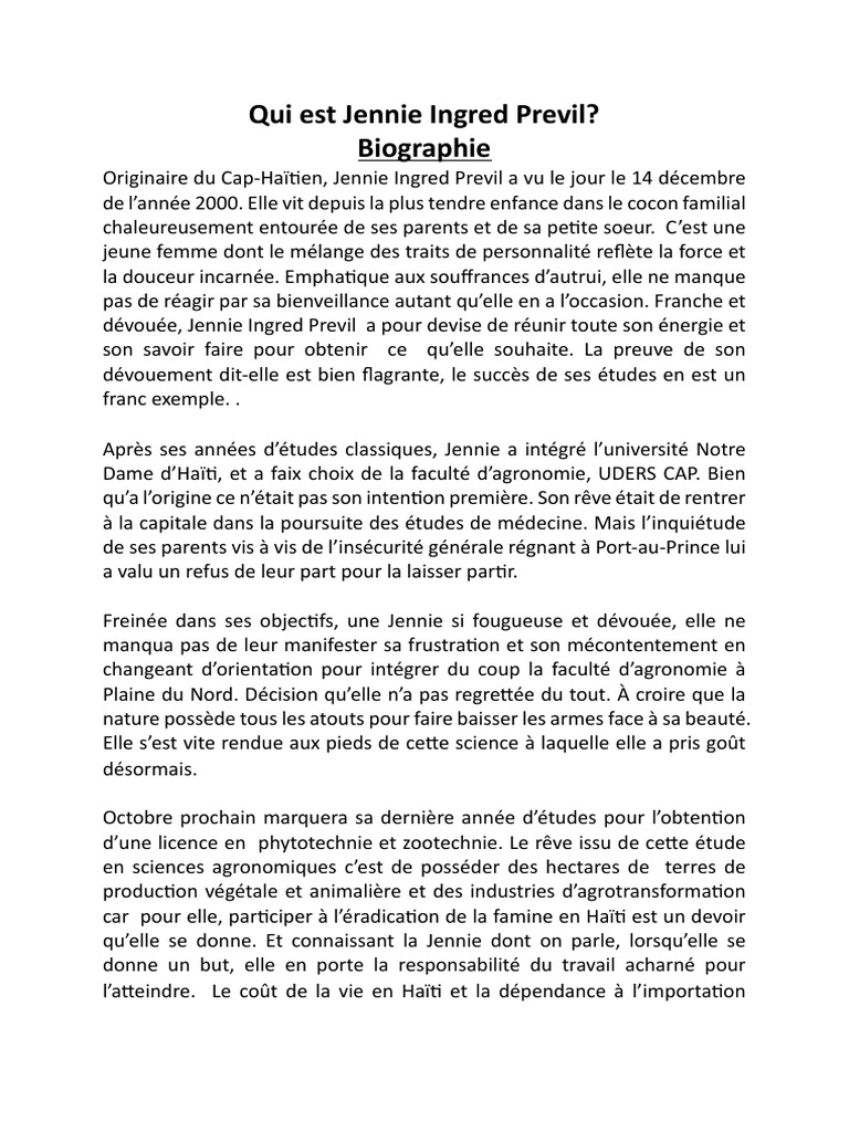 Biographie de Jennie Ingred Previl | PDF
