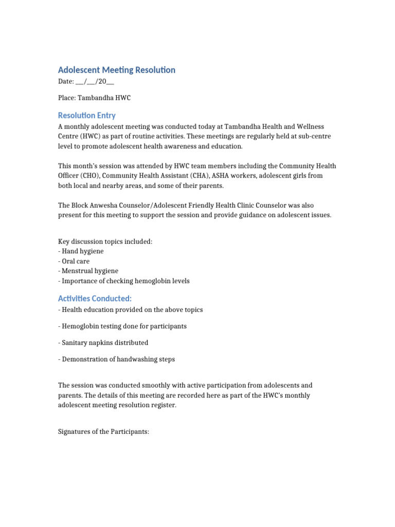 HWC Adolescent Meeting Resolution Register | PDF
