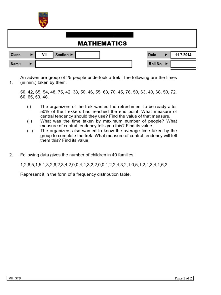 CBSE Clas 7 Maths Worksheet - Data Handling | PDF