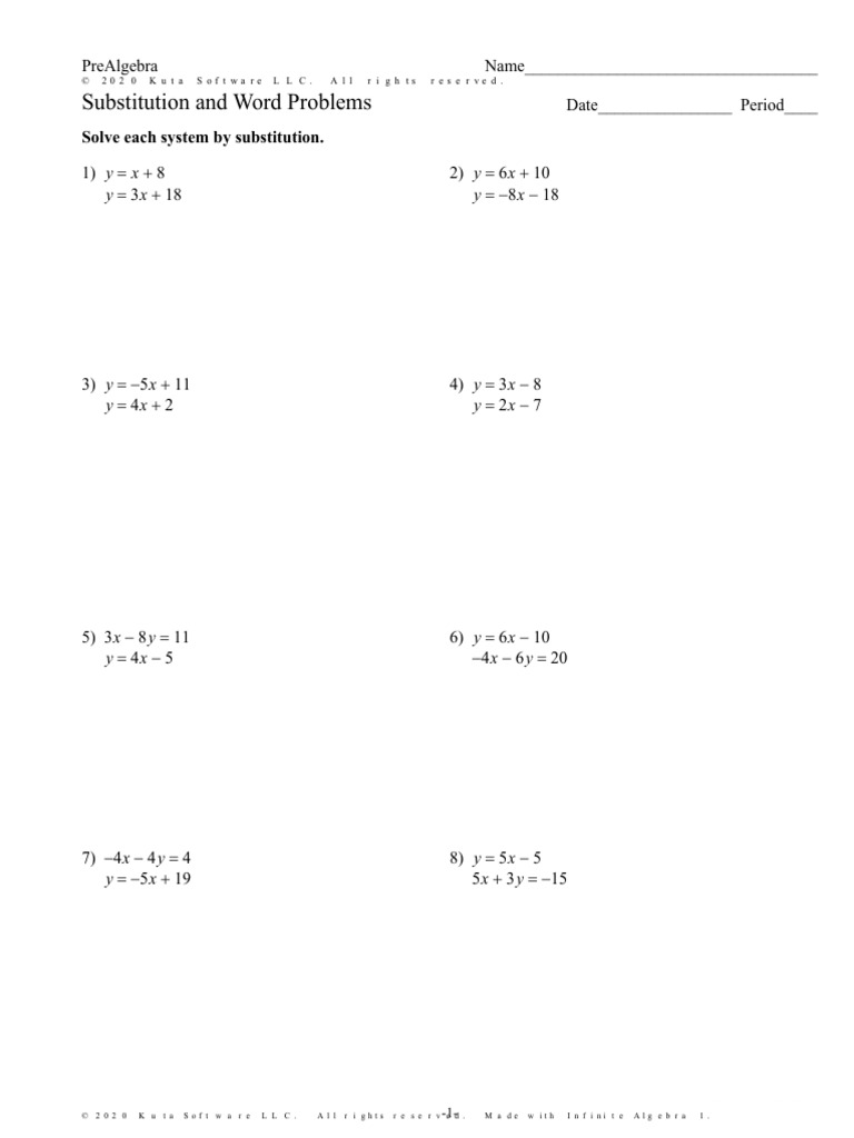 Pre Algebra Substitution and Word Problems 1a | PDF | Equations ...