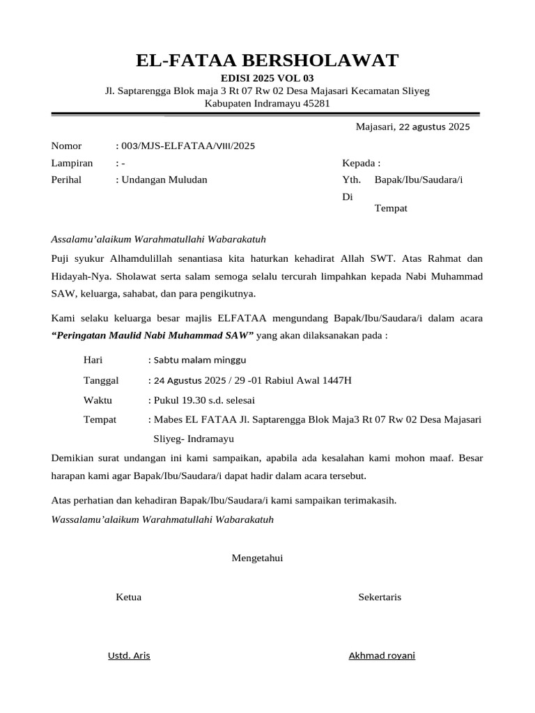 Surat Undangan Muludan Elfataa | PDF