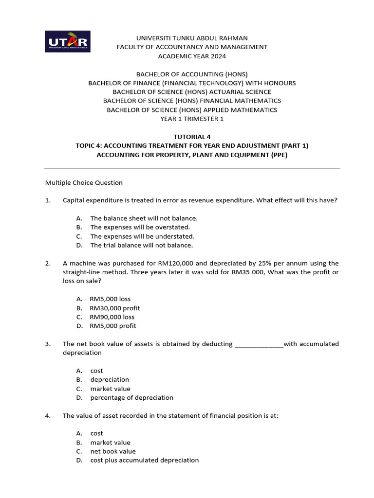 W5 Tutorial 4 Q Part 1 YEA - Accounting For PPE | PDF | Depreciation ...