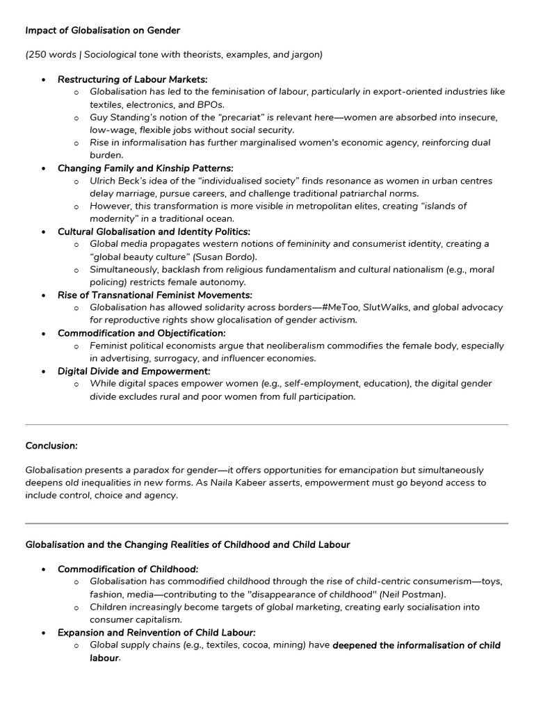 Globalisation's Impact on Gender and Society | PDF | Globalization | Caste