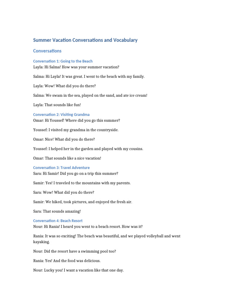 Summer Vacation Conversations and Vocabulary With Vocab | PDF