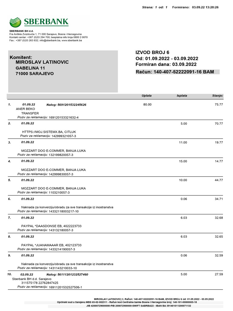 Miroslav Latinovic: Komitent: Izvod Broj 6 Od: 01. .202 - .202 Formiran ...