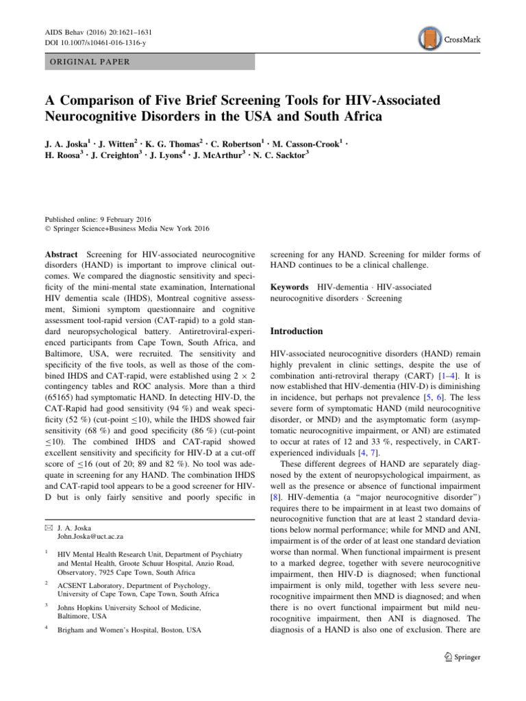 A Comparison of Five Brief Screening Tools For HIV-Associated ...