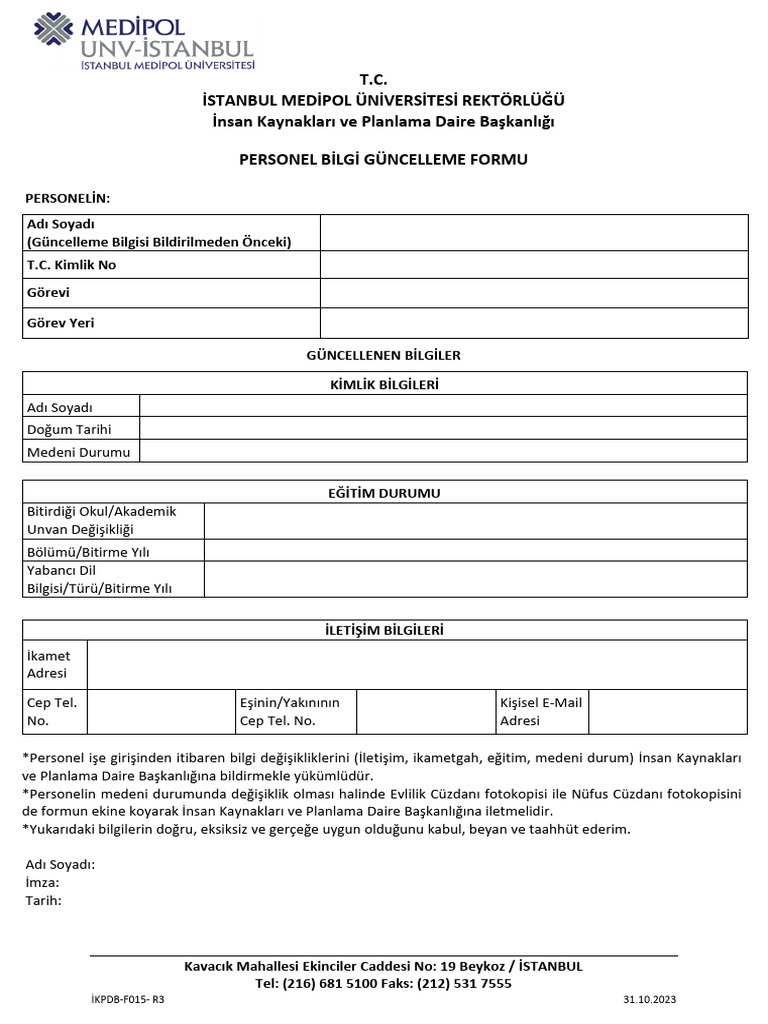Ikpdb f015 3 Personel Bilgiguncelleme Formu | PDF